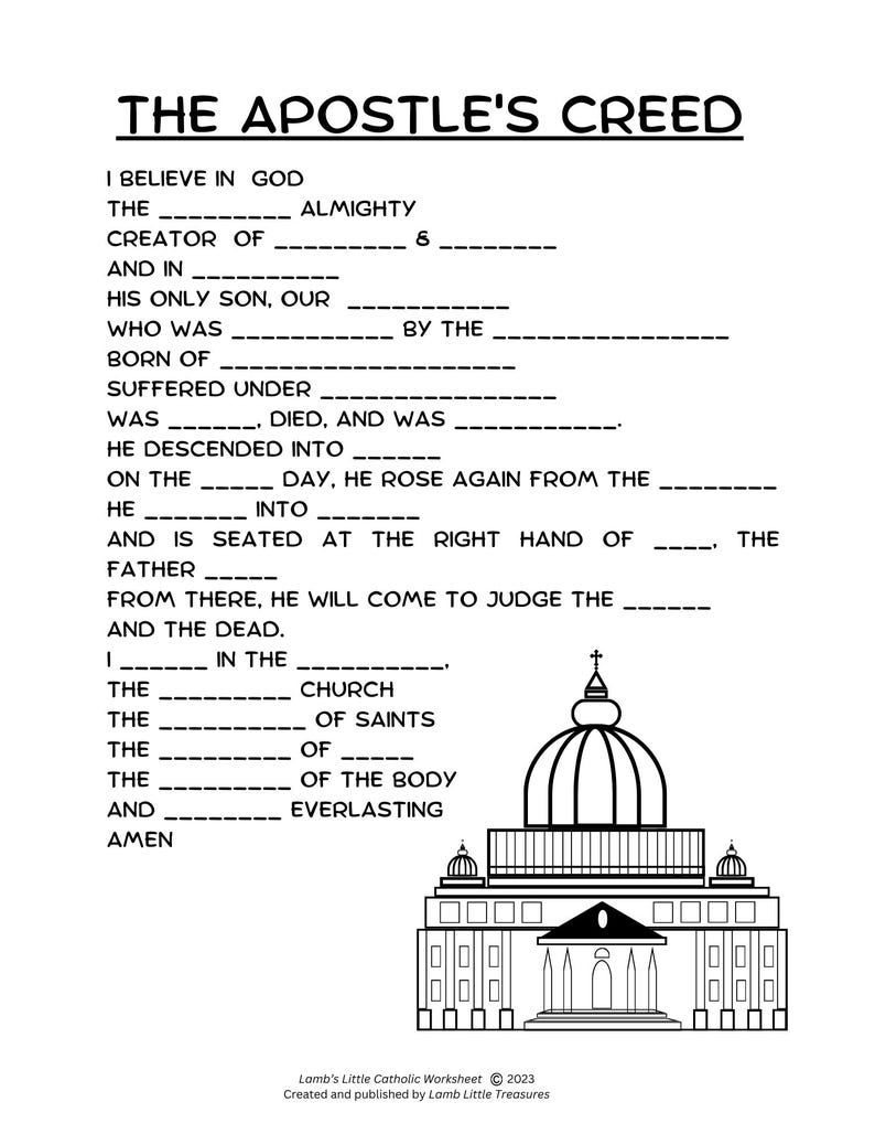 Catholic Kids Worksheet| the Apostles Creed| Common Catholic Prayers ...