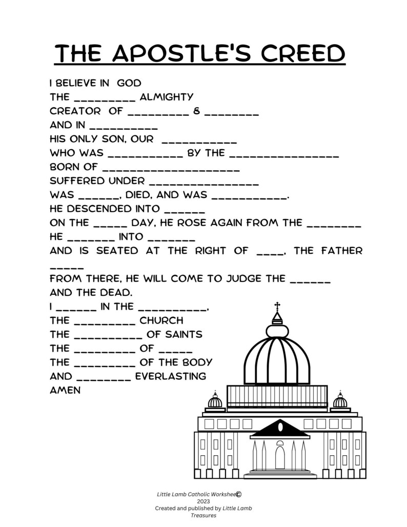 Catholic Kids Worksheet| the Apostles Creed| Common Catholic Prayers ...