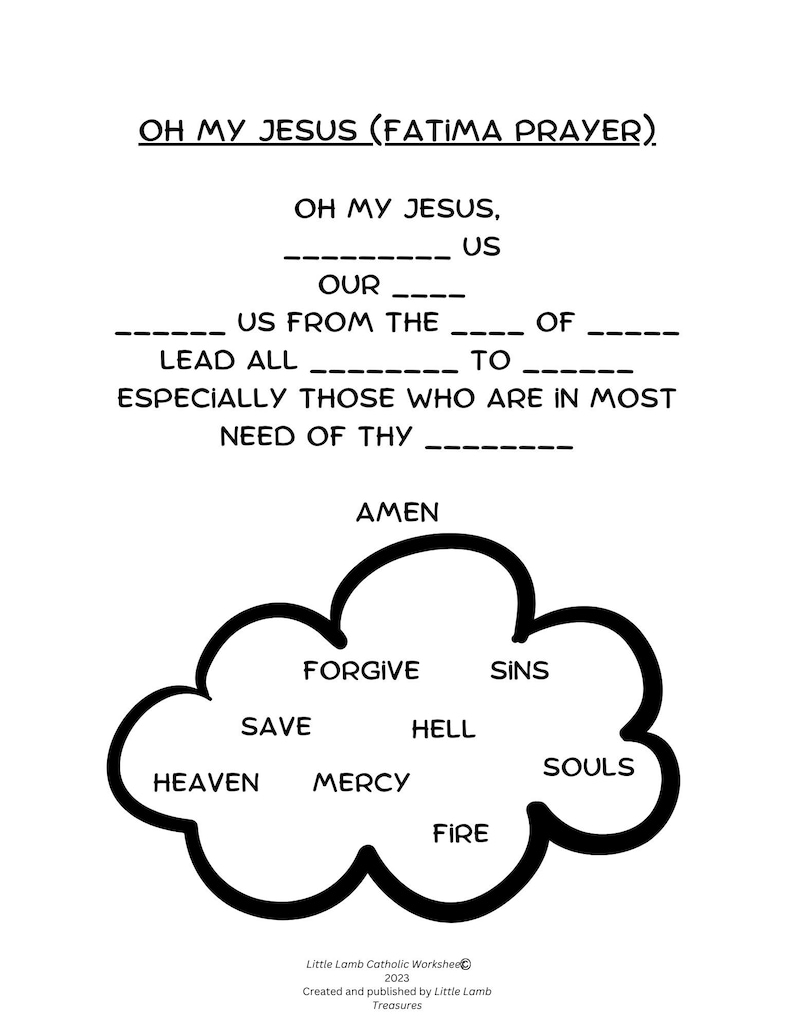 Catholic Kids Worksheet | Oh My Jesus (fatima Prayer)| Common Catholic ...