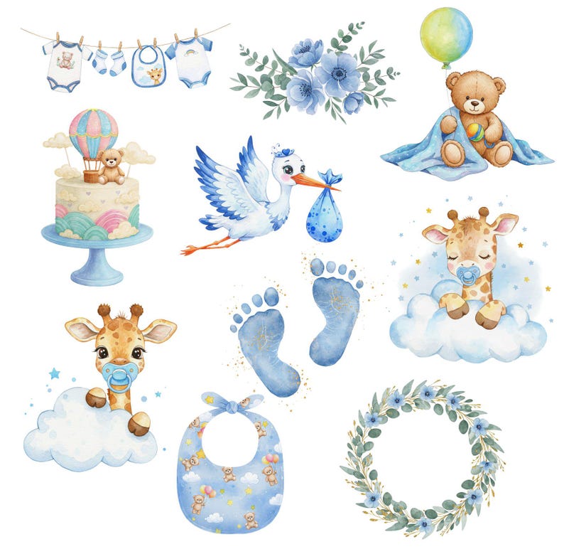 Watercolor Baby Boy Clipart Bundle PNG Files | Blue Baby Shower Clip ...