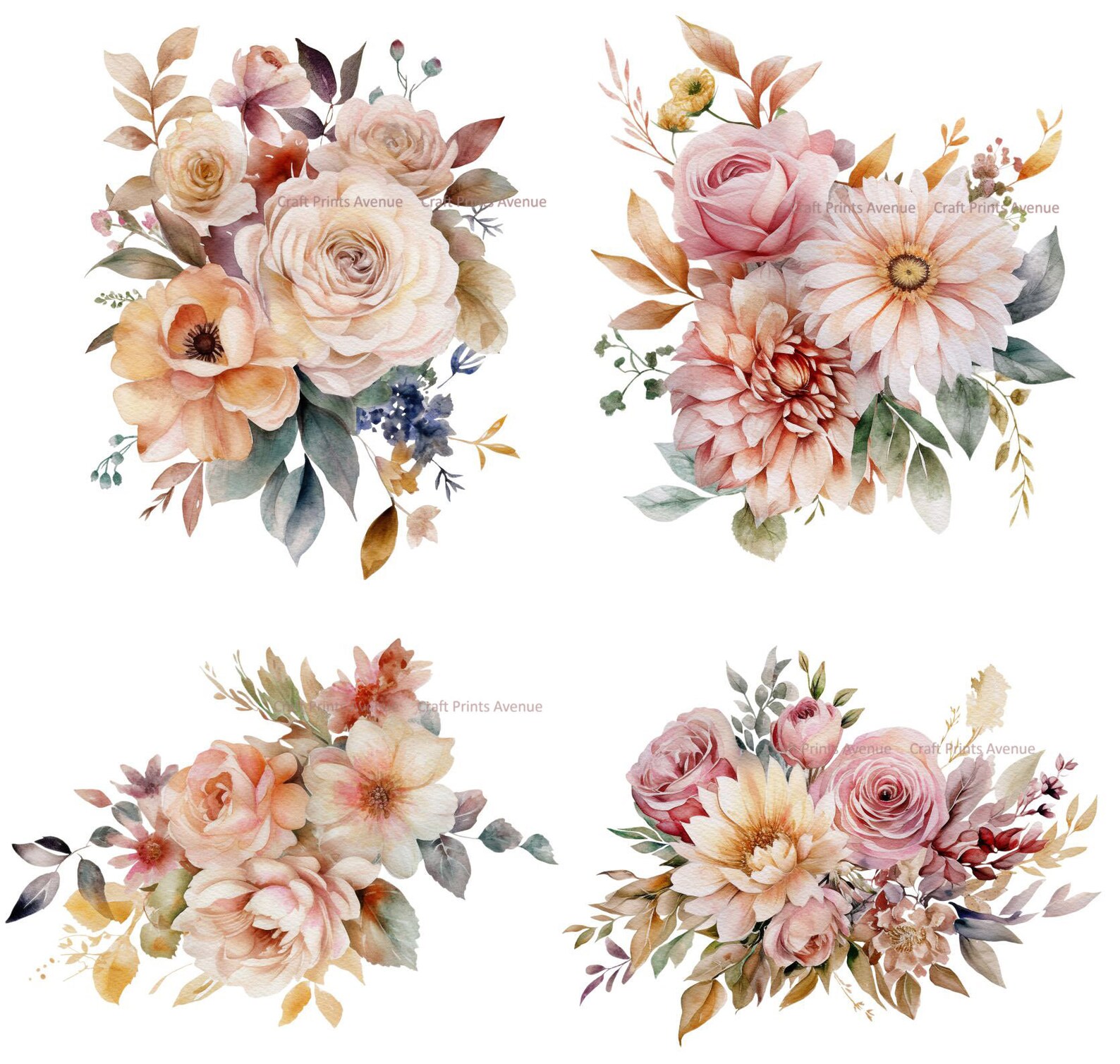 Pink Amd Peach Florals PNG Digital Clip Art, Blush Neutral Flowers ...