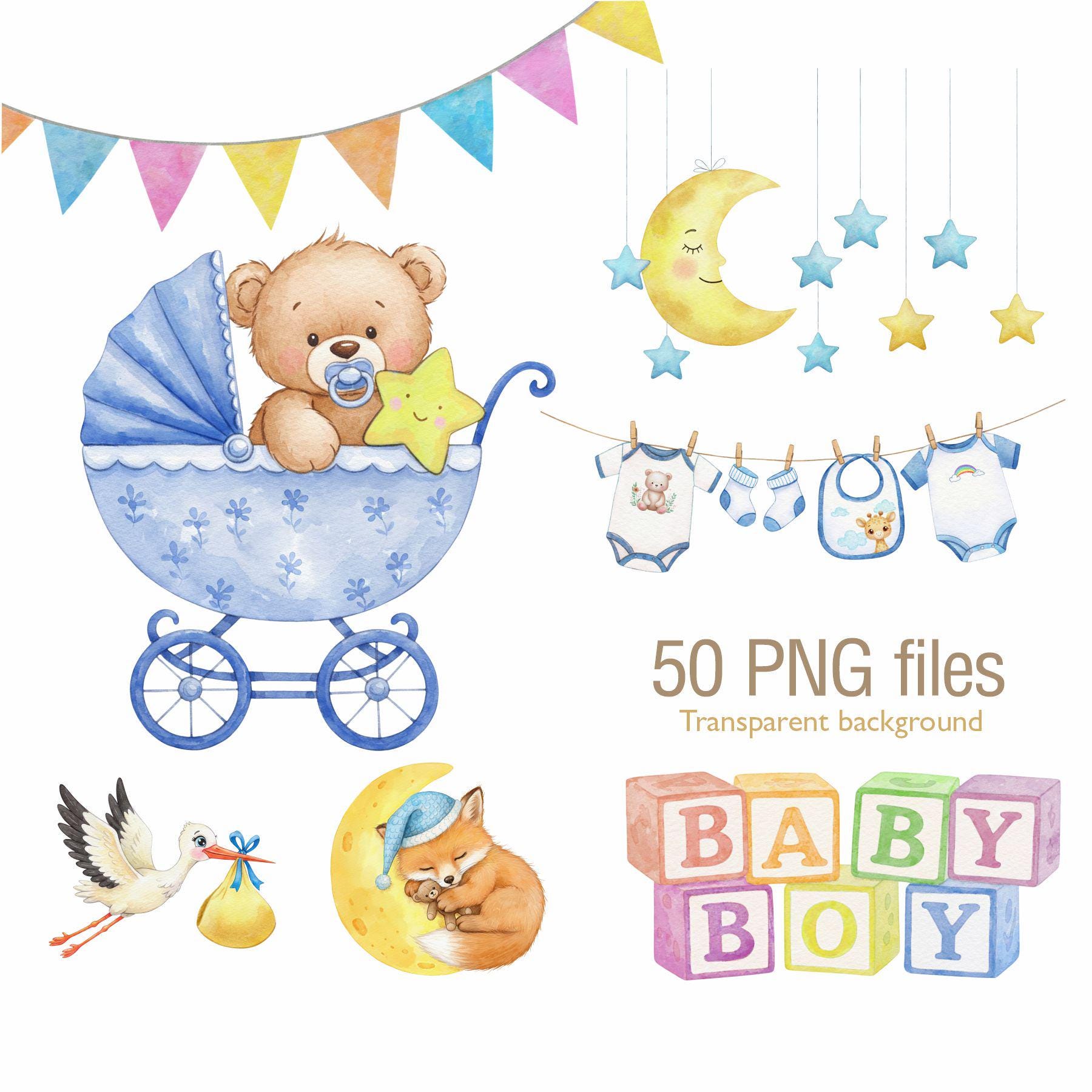 Watercolor Baby Boy Clipart Bundle PNG Files | Blue Baby Shower Clip ...
