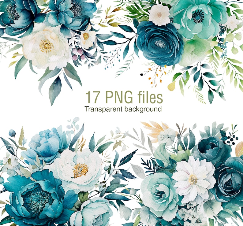 Teal Floral Clip Art, JPG Blue Roses, Green Flower Watercolor Clipart ...
