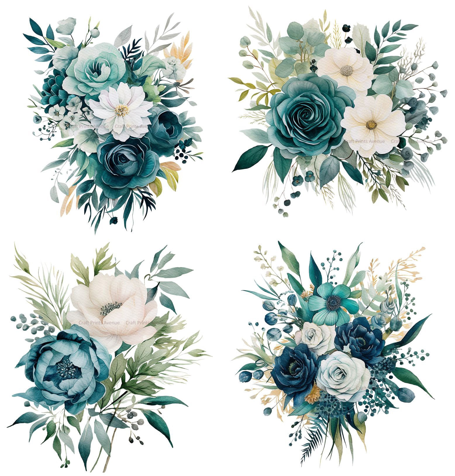 Teal Floral Clip Art, JPG Blue Roses, Green Flower Watercolor Clipart ...