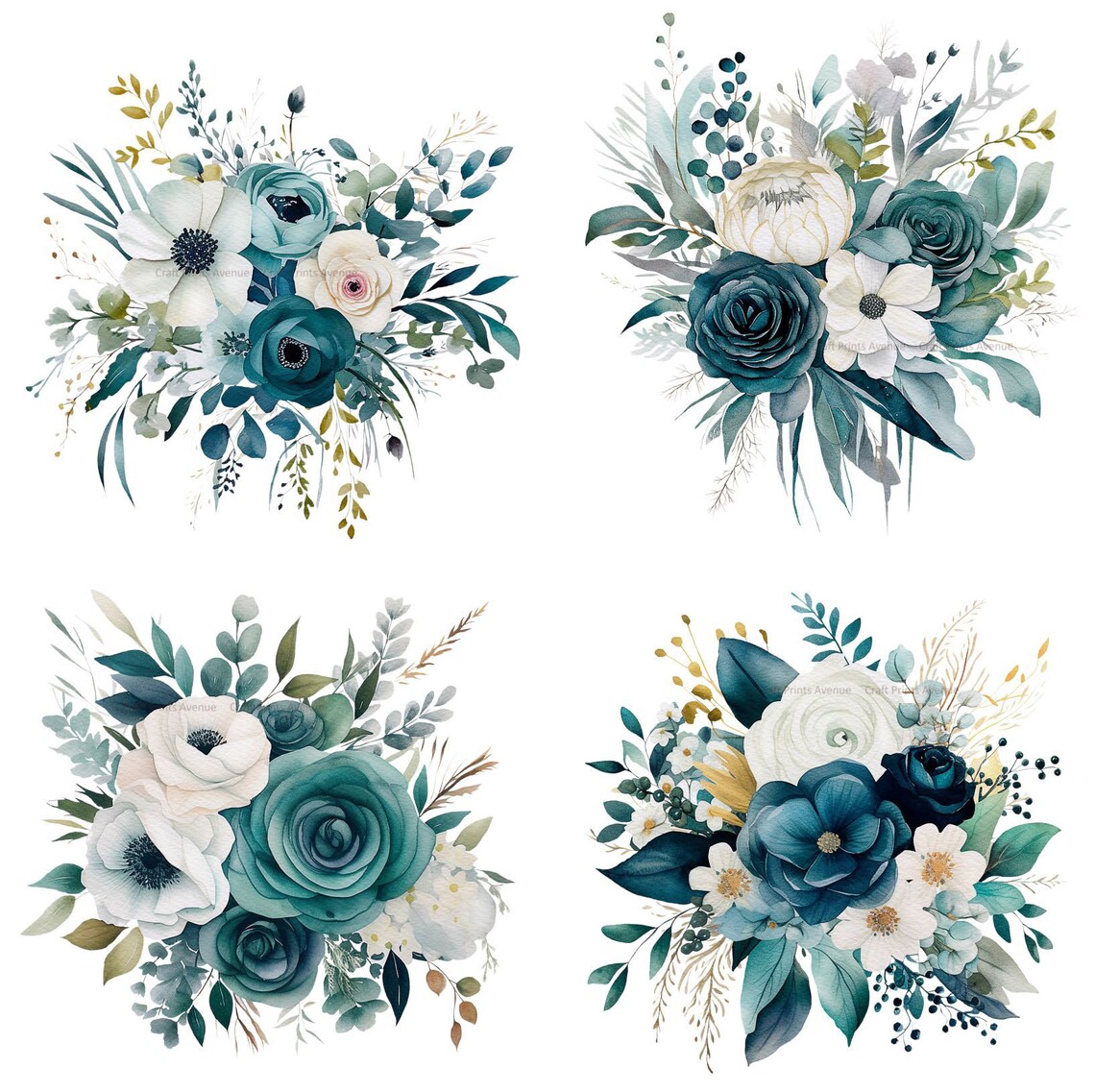 Teal Floral Clip Art, JPG Blue Roses, Green Flower Watercolor Clipart ...