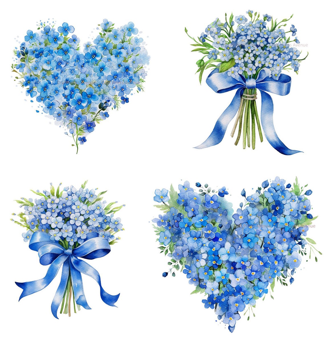 Forget Me Not Clip Art Florals PNG Digital Clip Art, Blue Watercolor ...