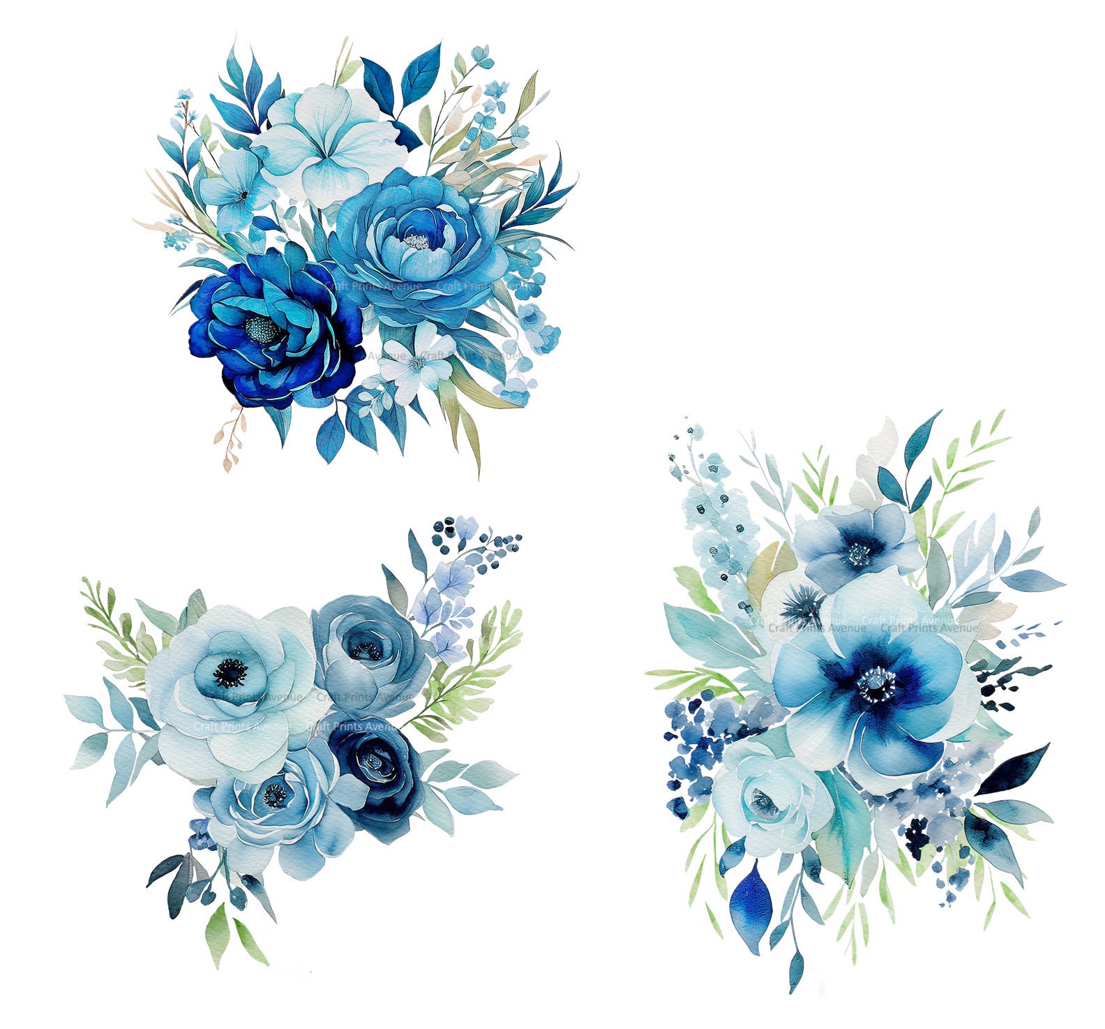 Blue and Turquoise Floral Clip Art, JPG Blue Roses, Flower Watercolor ...