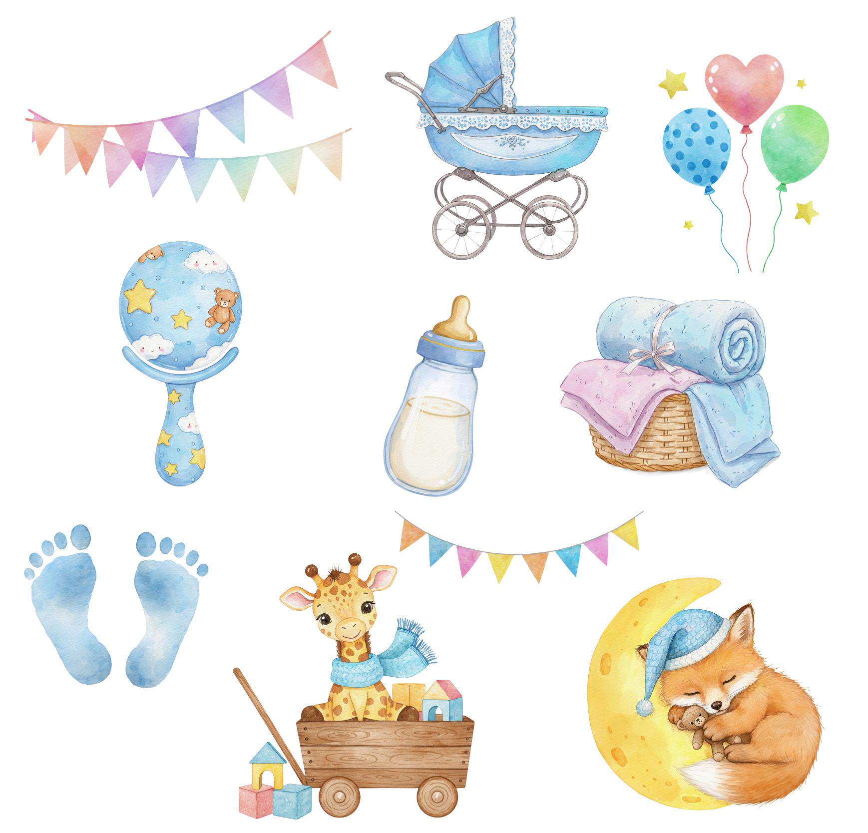 Watercolor Baby Boy Clipart Bundle PNG Files | Blue Baby Shower Clip ...