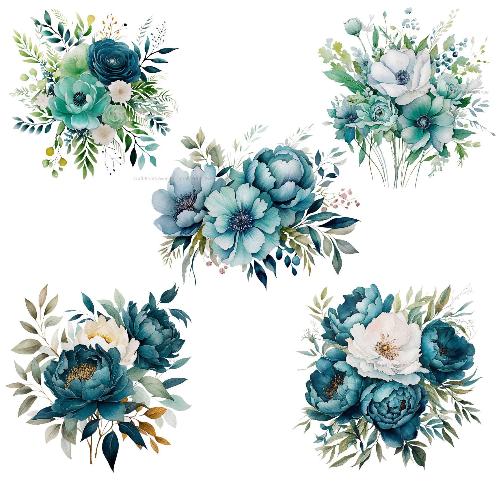 Teal Floral Clip Art, JPG Blue Roses, Green Flower Watercolor Clipart ...
