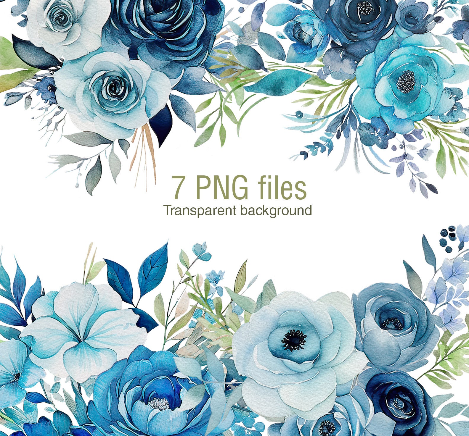 Blue and Turquoise Floral Clip Art, JPG Blue Roses, Flower Watercolor ...