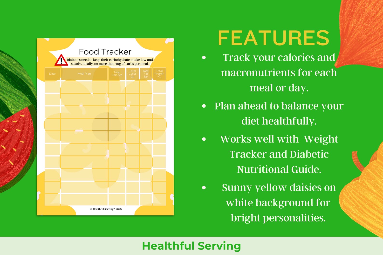 Yellow Daisy Style Printable Food Log Track Meal Plan, Total Calories ...