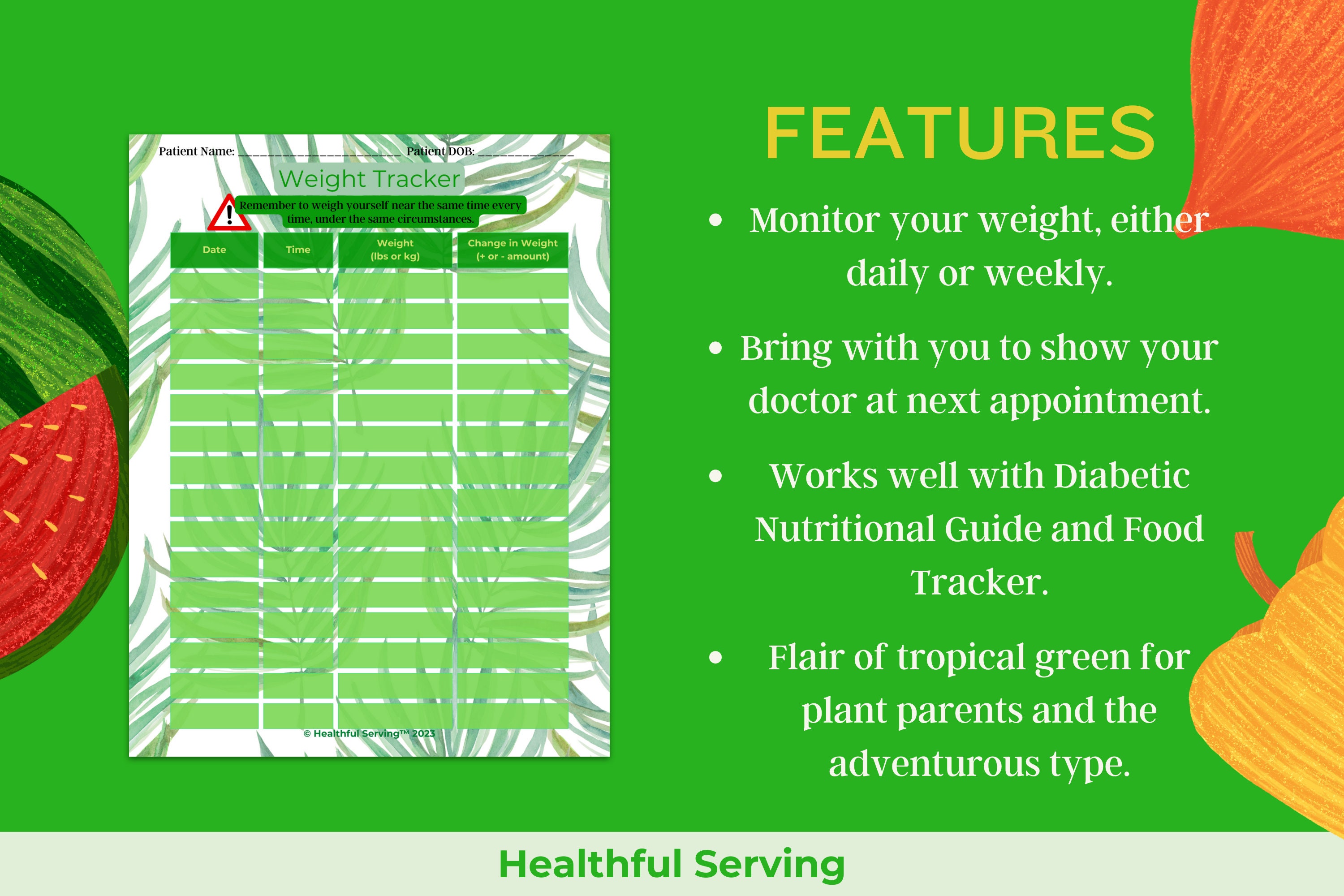 Tropical Green Style Printable Weight Tracker - Log Weight, Date, Time ...