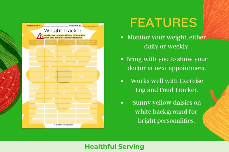Weight Log Yellow Daisy Style Printable Tracker Weight Date Time Change ...