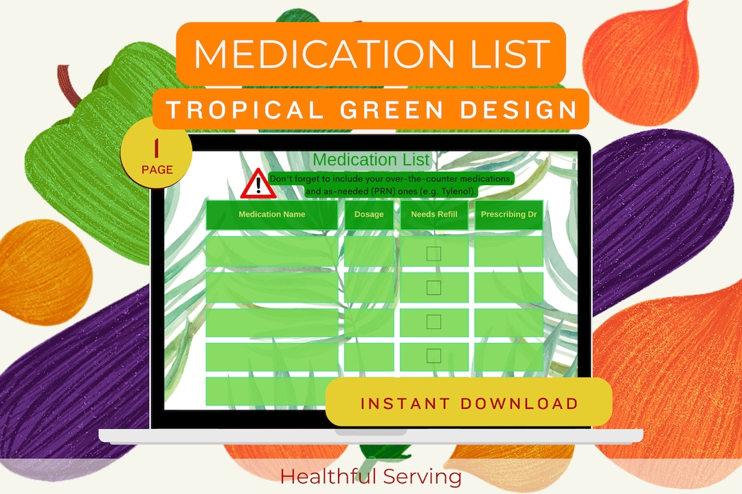 Tropical Green Style Printable Medication List - Track Meds, Dosage ...