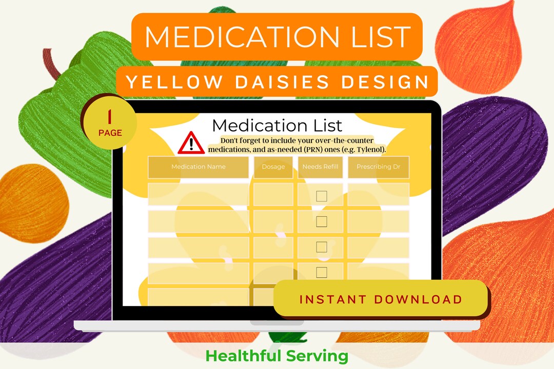 Yellow Daisy Style Printable Medication List Track Meds, Dosage ...