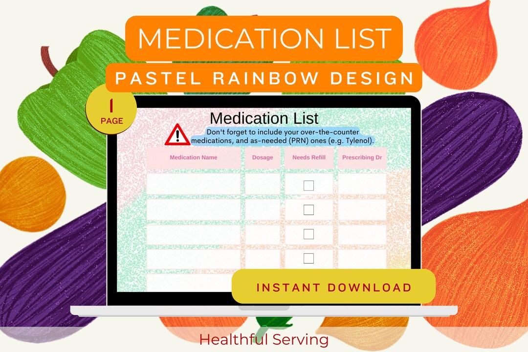 Medication List Pastel Rainbow Style Printable Med Name Dosage Doctor ...