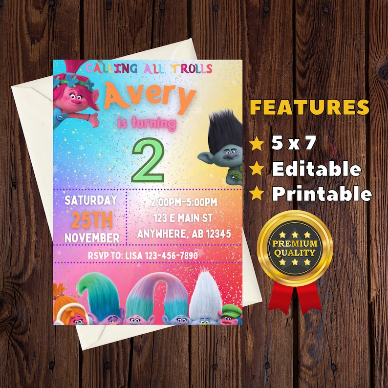 Trolls Birthday Invitation | Trolls Editable Digital Invitation | Kids ...