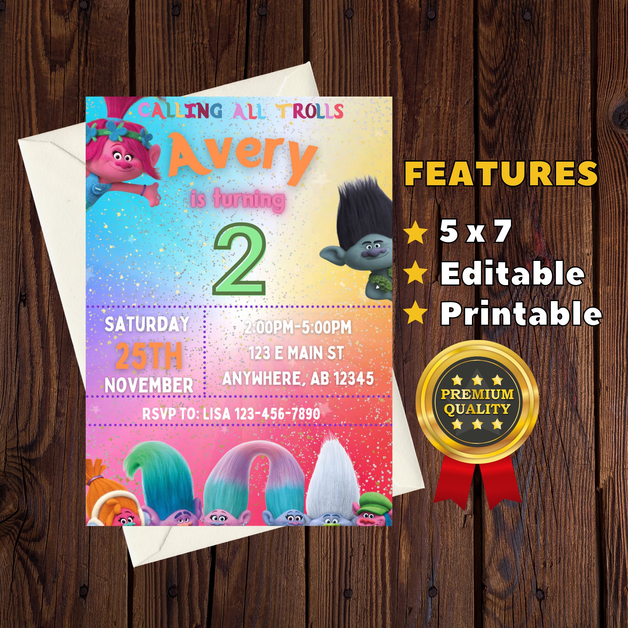 Trolls Birthday Invitation | Trolls Editable Digital Invitation | Kids ...