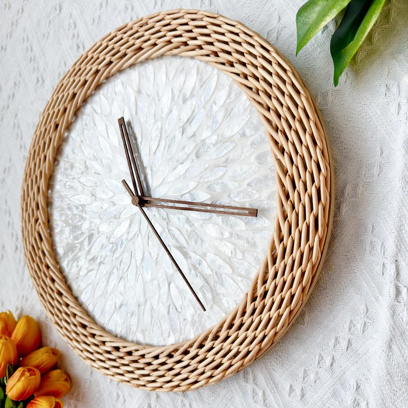 Unique Wall Clock 35cm(14inch), Pearl Inlay Dial, Dried Rattan Frame ...