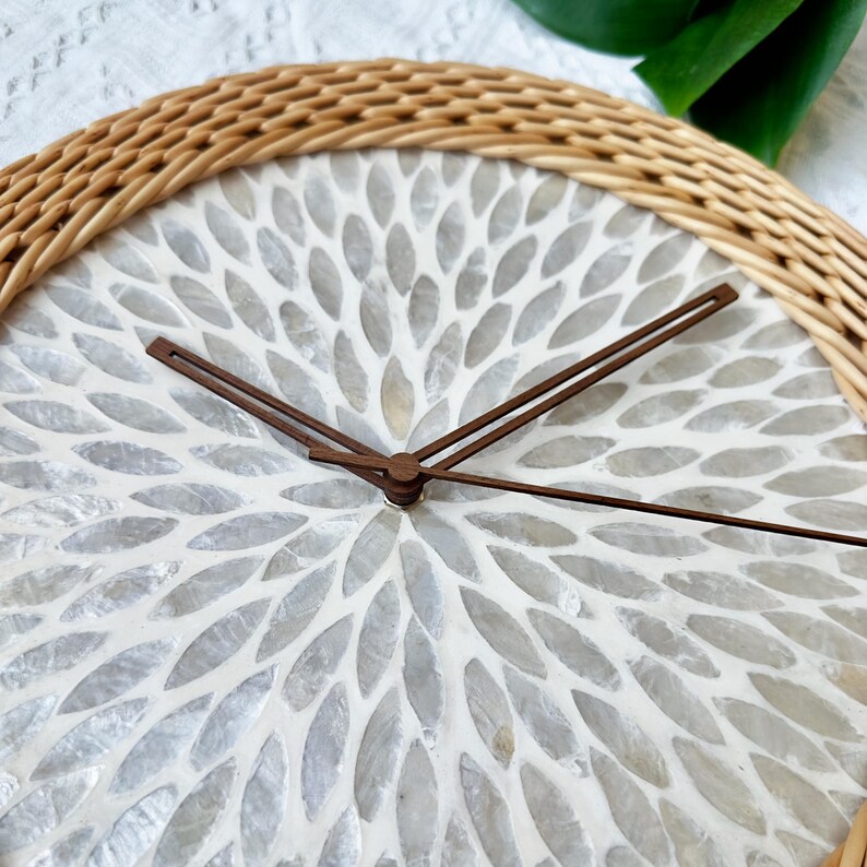 Unique Wall Clock 35cm(14inch), Pearl Inlay Dial, Dried Rattan Frame ...