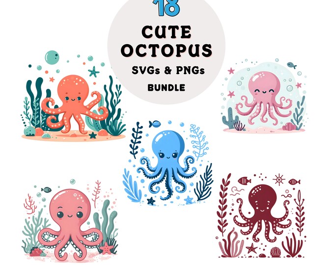 18 Cute Octopus Bundle Svg, PNG, Clip Art SVG, Baby Octopus, Under the ...