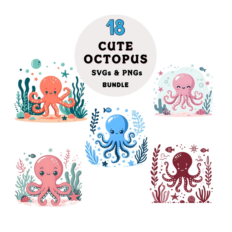 18 Cute Octopus Bundle Svg, PNG, Clip Art SVG, Baby Octopus, Under the ...