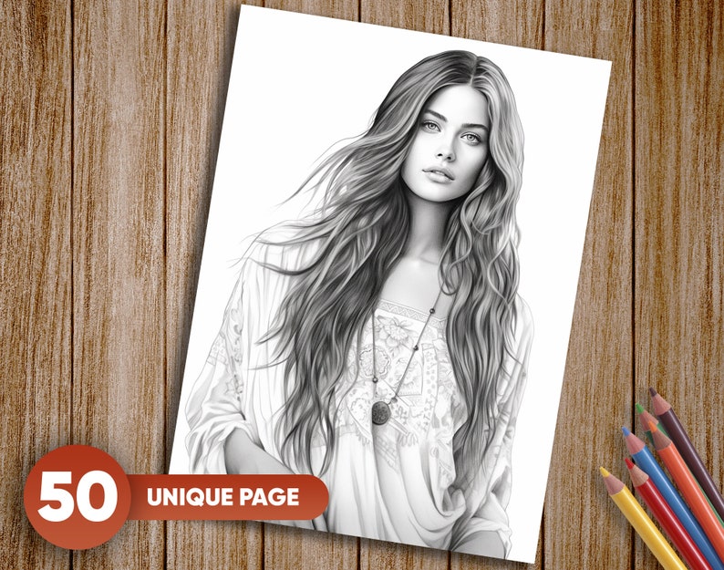 Boho Girl Grayscale Coloring Pages for Adults Beautiful Girl - Etsy