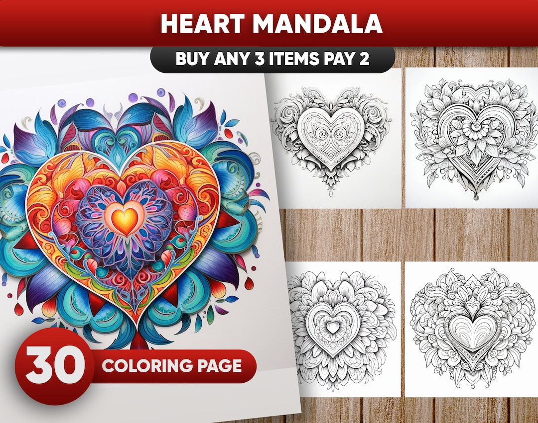 Heart Mandala Coloring Pages: 30 Valentine's Day Activity (digital ...