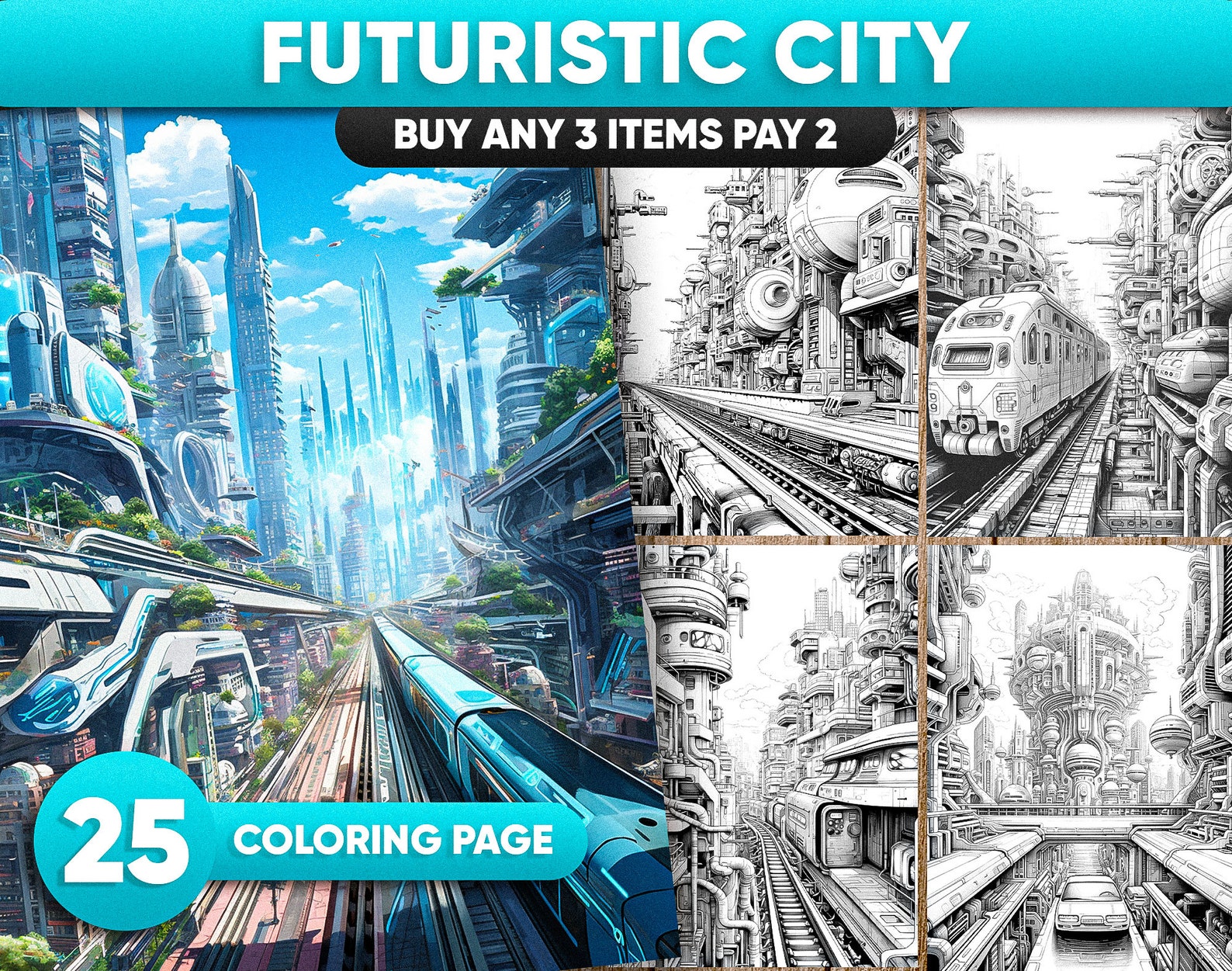 Futuristic City Coloring Pages: 25 Grayscale Illustrations for Adults ...