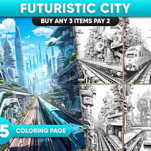 25 Futuristic City Grayscale Coloring Pages for Adults, Instant ...