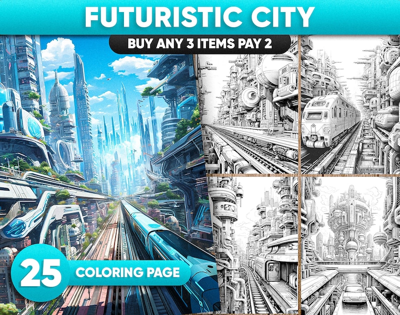 Futuristic City Coloring Pages: 25 Grayscale Illustrations for Adults ...