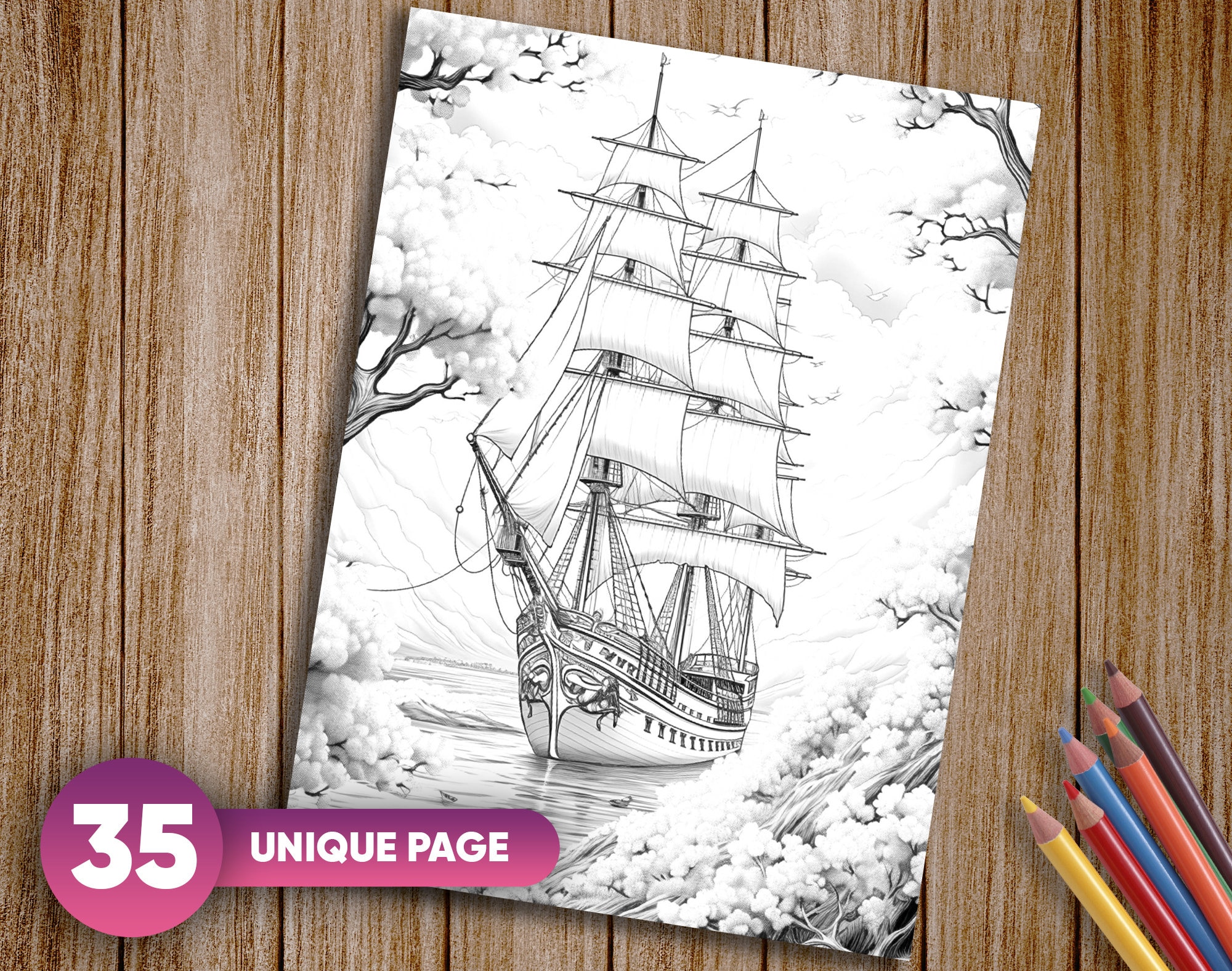 Flower Ships 35 Coloring Pages, Instant Download, Grayscale Coloring ...