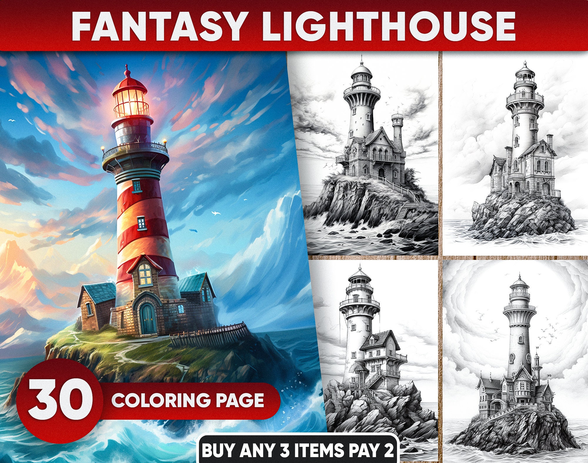 30 Fantasy Lighthouses Coloring Page Book Adults Kids Coloring Pages ...