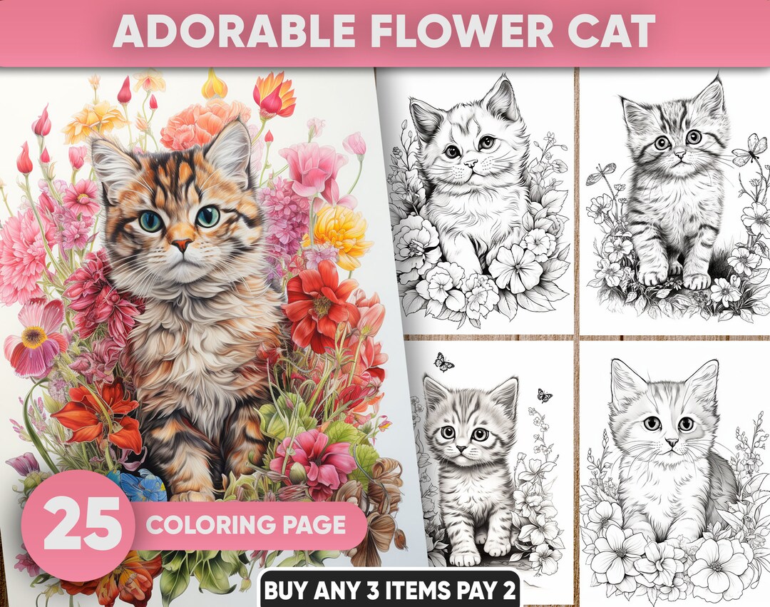 25 Adorable Flower Cat Coloring Pages for Kids and Adult, Instant ...