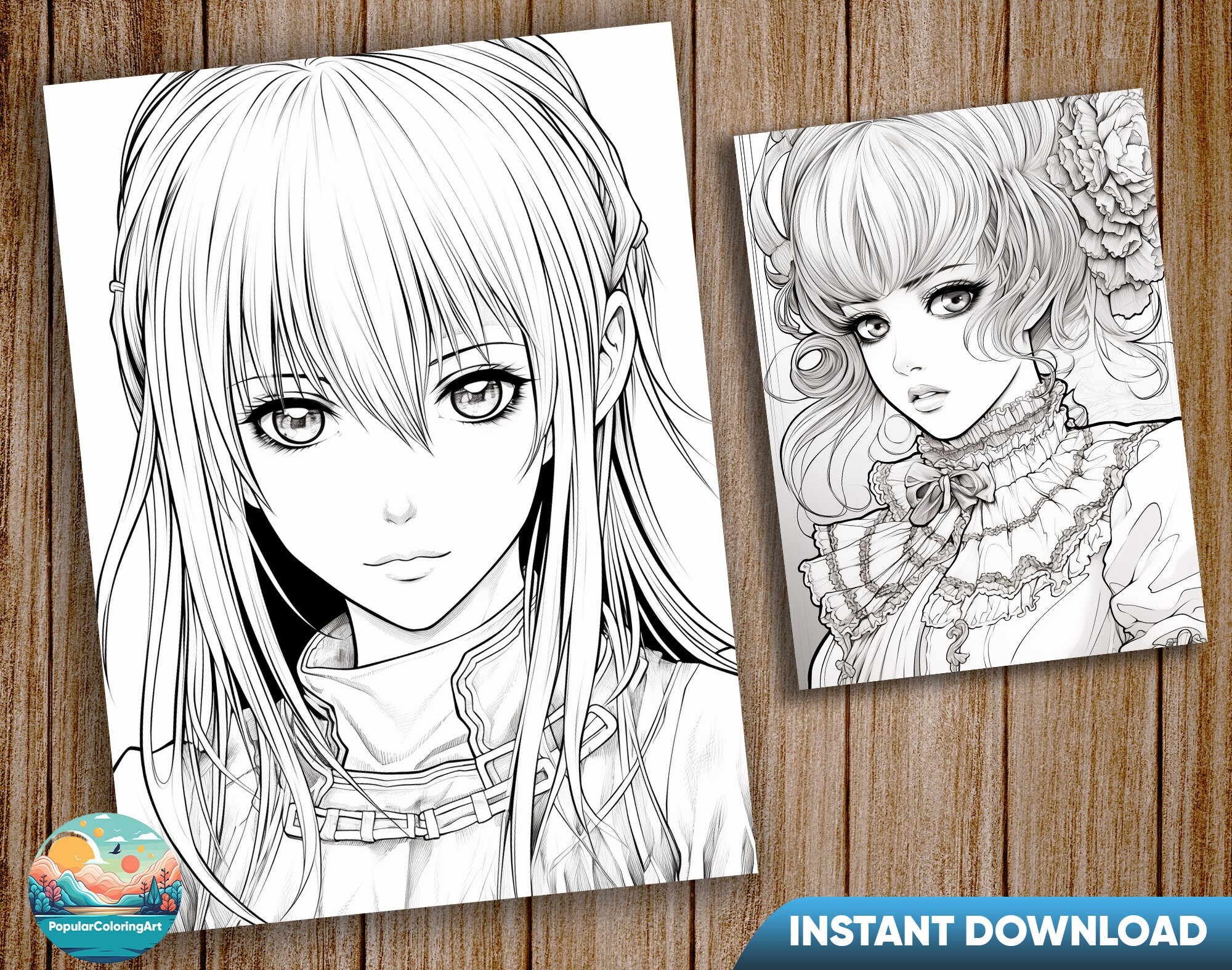 Gothic Anime Girls Coloring Pages for Adults, Grayscale Coloring Page ...