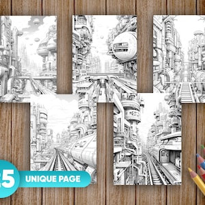 Futuristic City Coloring Pages: 25 Grayscale Illustrations for Adults ...
