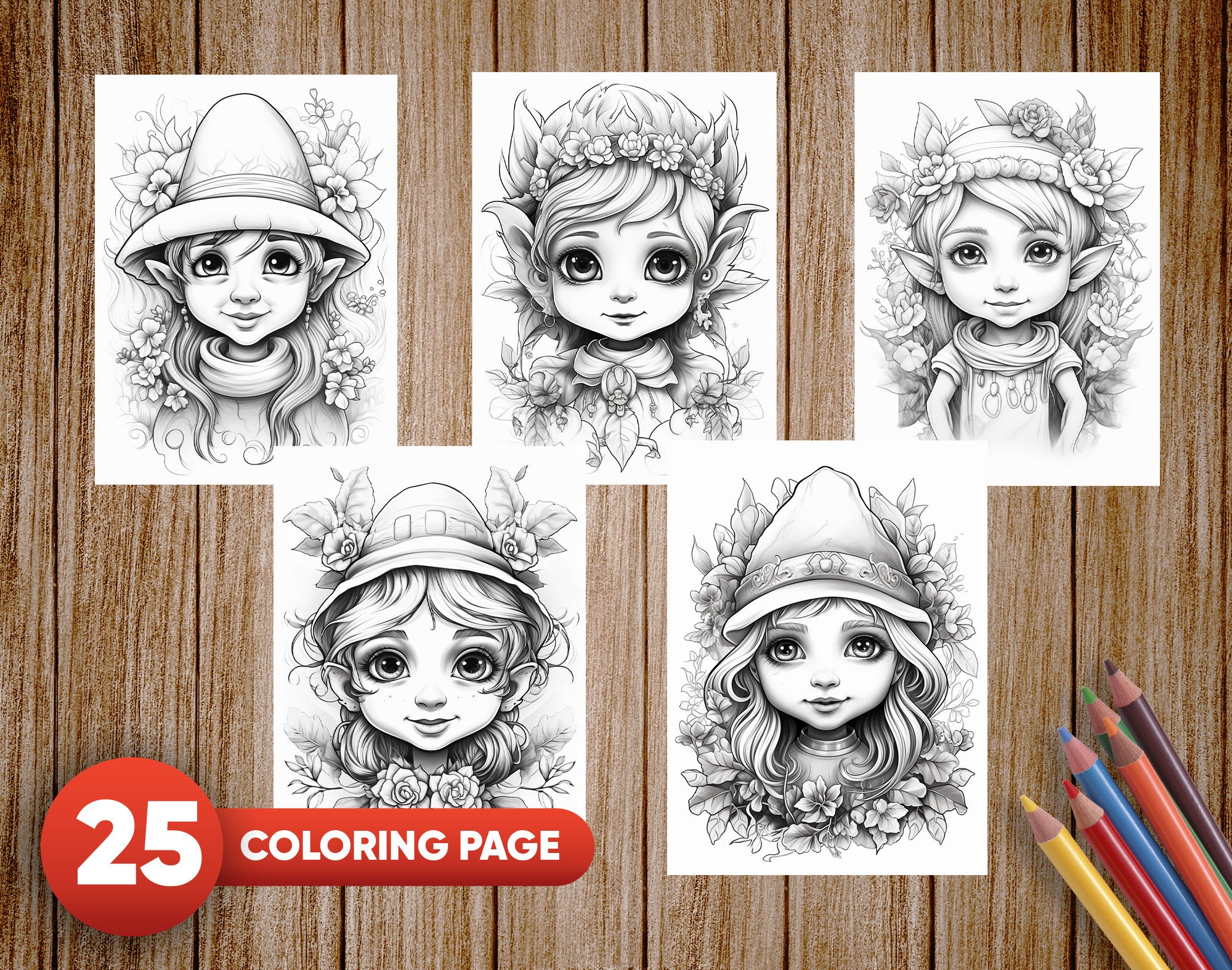 25 Gnome Girls Coloring Pages, Instant Download, Grayscale Coloring ...