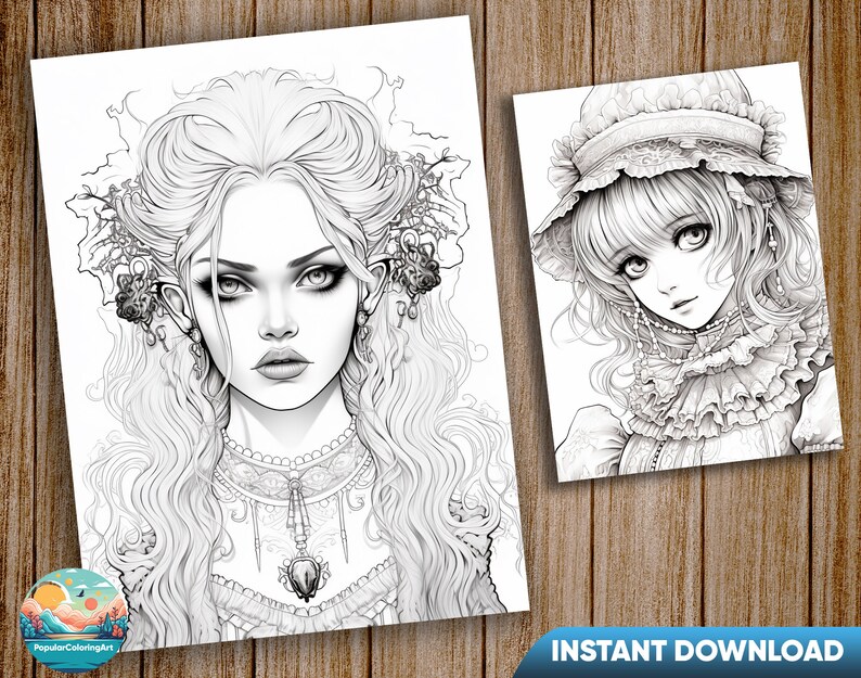 Gothic Anime Girls Coloring Pages for Adults Grayscale - Etsy