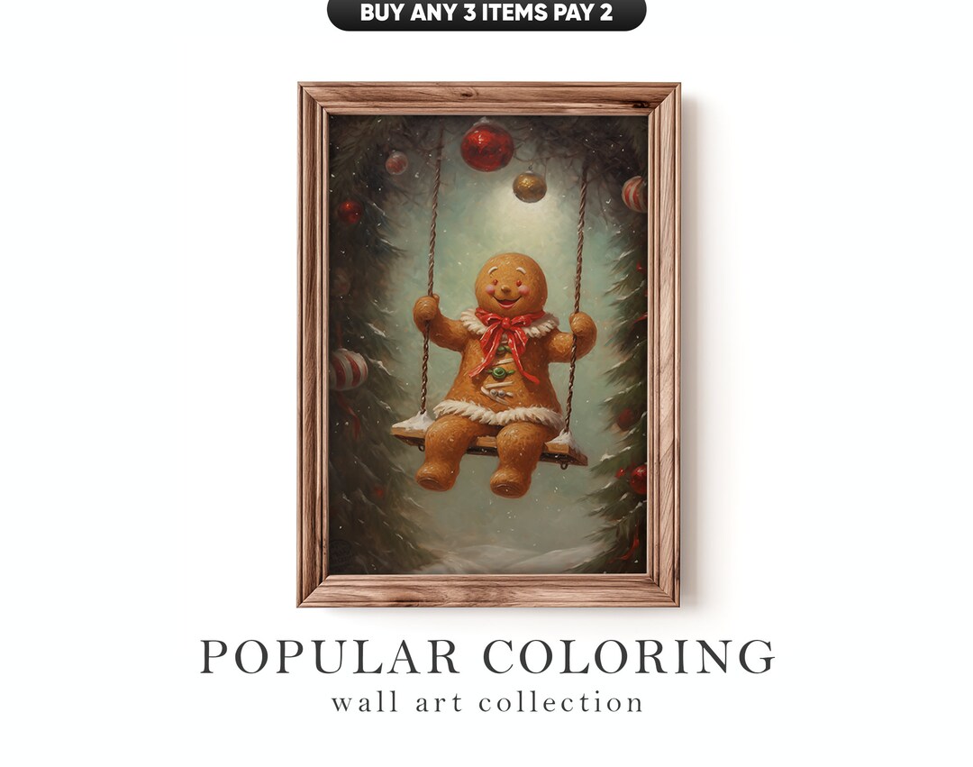 Vintage Christmas Gingerbread on Swing Wall Art Printable Christmas ...
