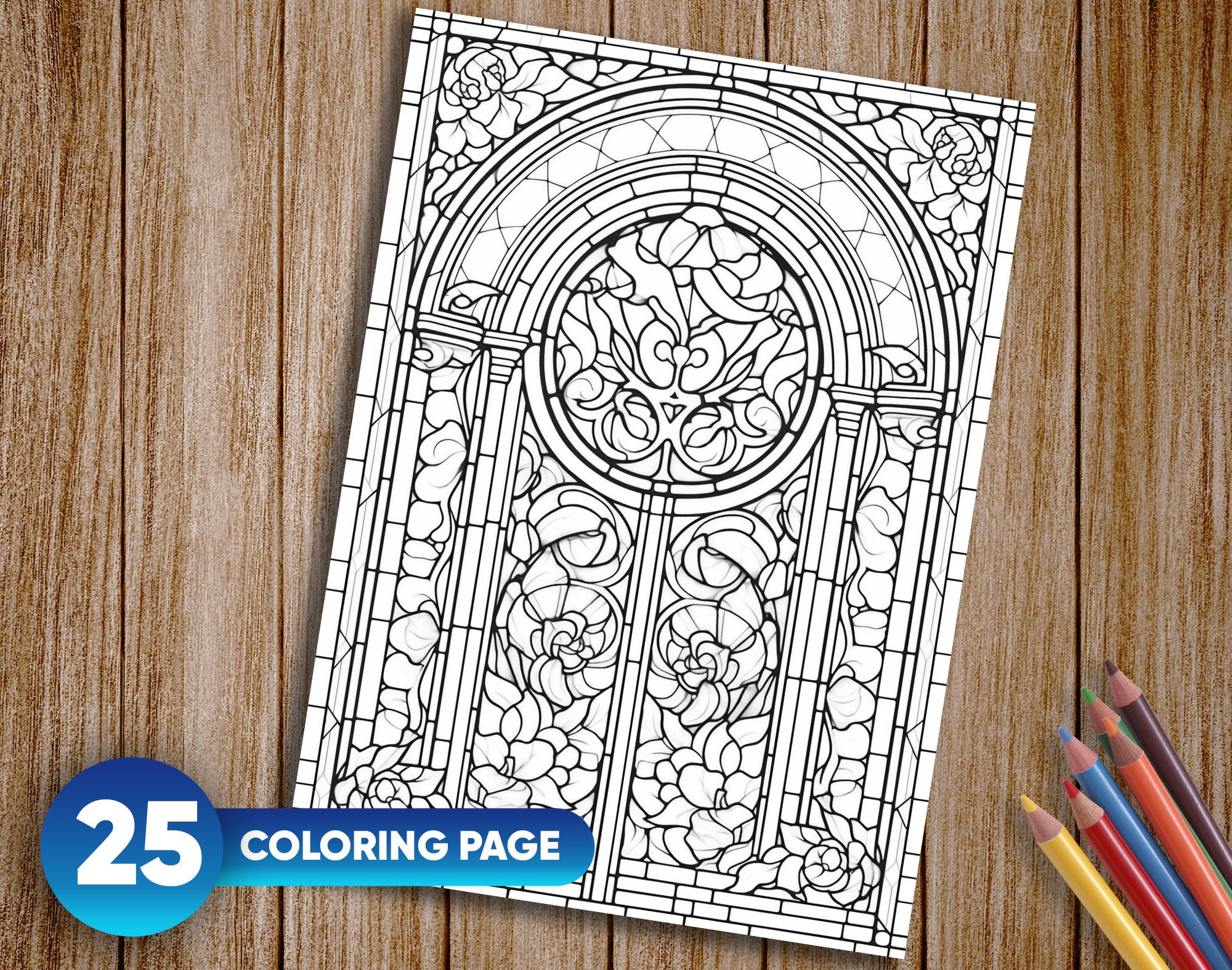 25 Stained Glass Coloring Pages for Kids, Instant Download, Grayscale ...