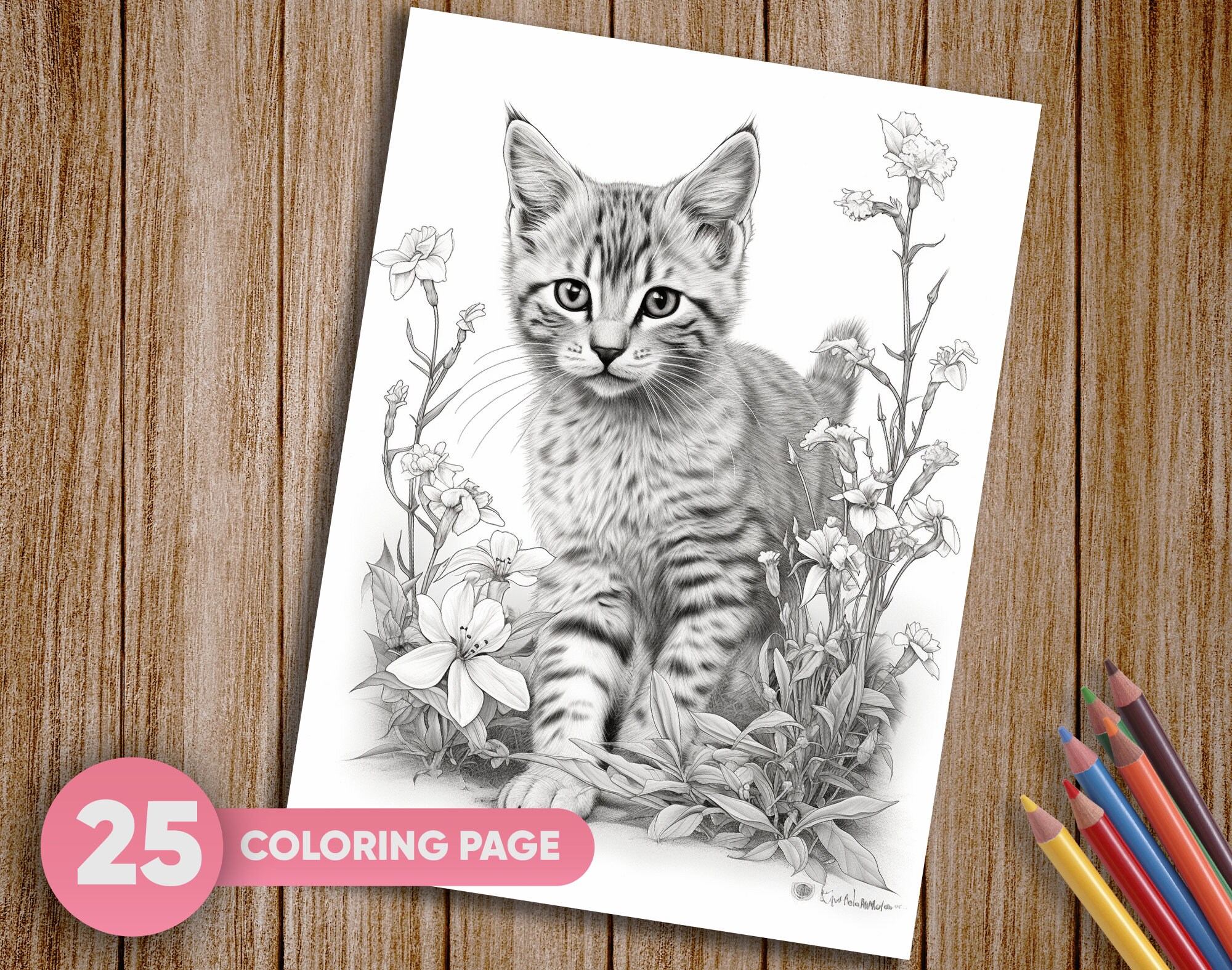 25 Adorable Flower Cat Coloring Pages for Kids and Adult, Instant ...