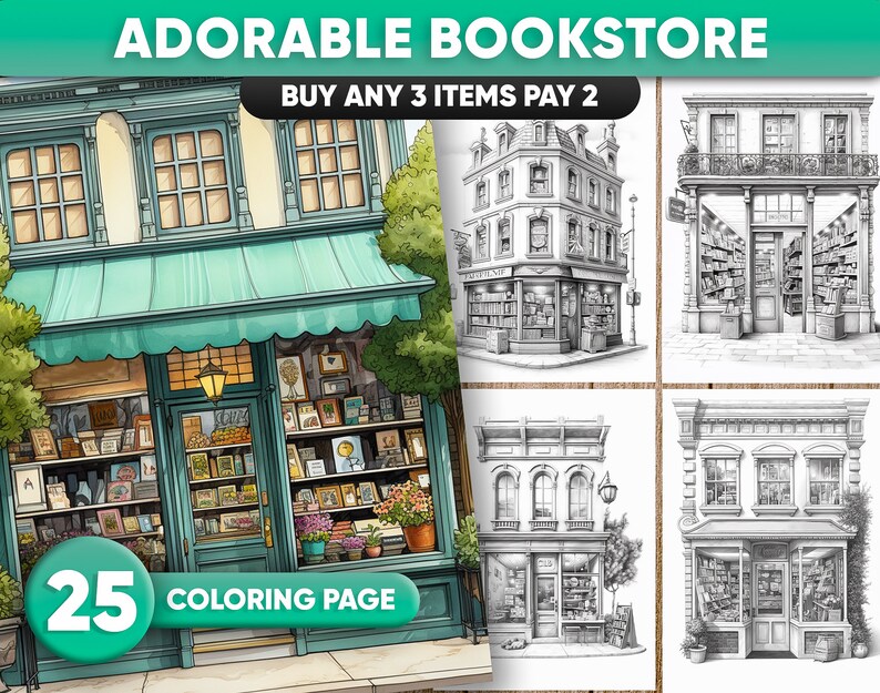 25 Adorable Storefront Bookstore Grayscale Coloring Pages - Etsy