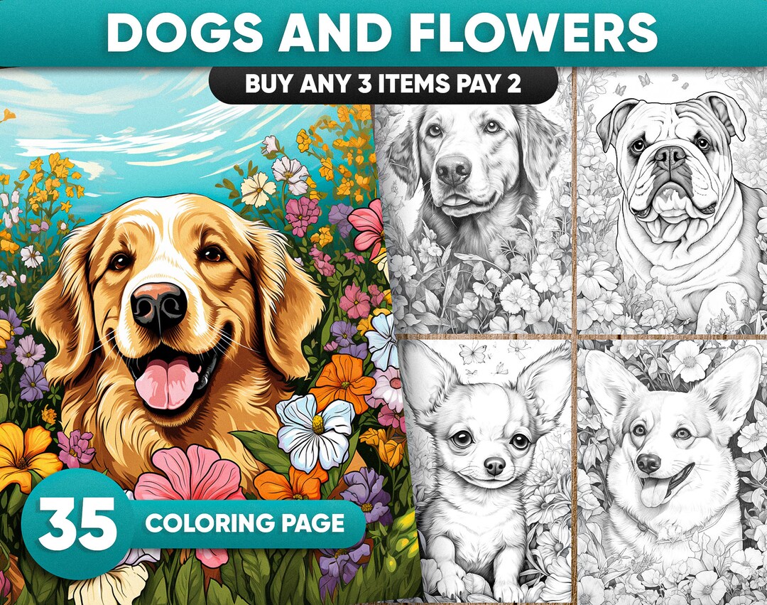 Dogs and Flowers Coloring Book: 35 Printable Pages (PDF/JPEG) - Etsy