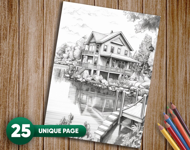 Lake House Coloring Book: 25 Forest Cabin Grayscale Pages (PDF/JPEG) - Etsy