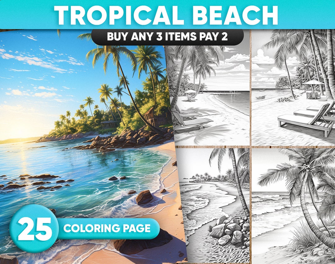 Tropical Beach Coloring Pages: 25 Grayscale Designs (PDF Download) - Etsy