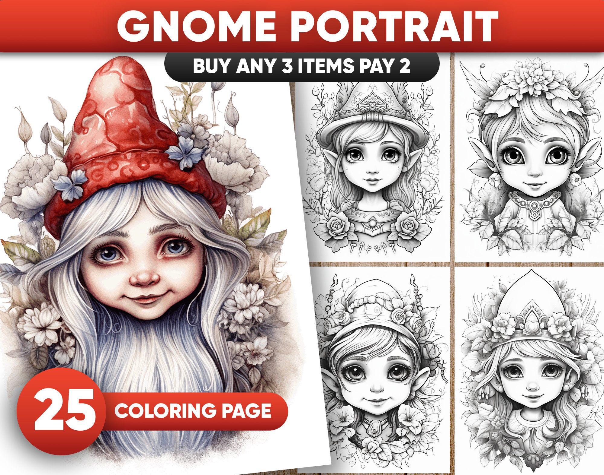25 Gnome Girls Coloring Pages, Instant Download, Grayscale Coloring ...