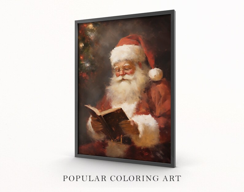 Vintage Christmas Wall Art Santa Reading Book Printable Christmas Oil Painting Cottagecore Wall ...