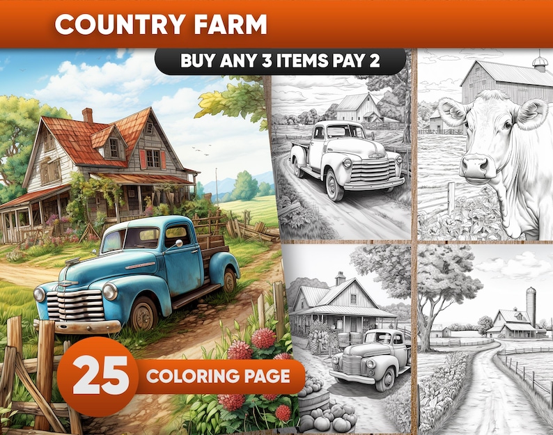 25 Country Farm Grayscale Coloring Pages, JPEG/PDF Format, Instant ...