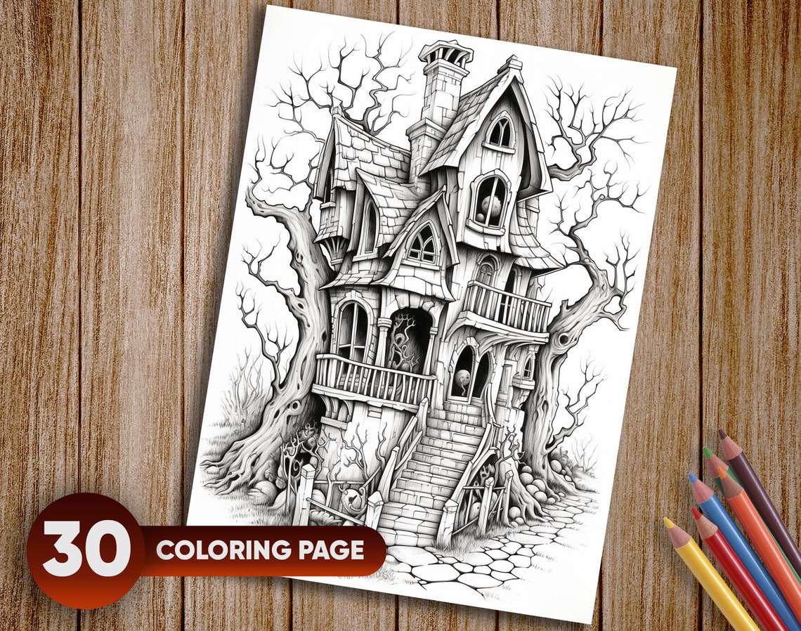 Haunted House Coloring Pages: 30 Spooky Grayscale Illustrations ...