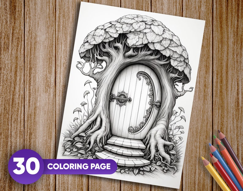 30 Fantasy Fairy Doors Coloring Pages for Kids and Adults, Instant ...